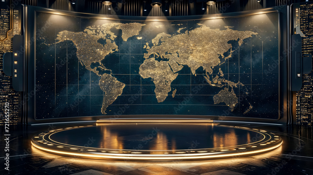 Gold and black news station stage background with gold lights world map ...