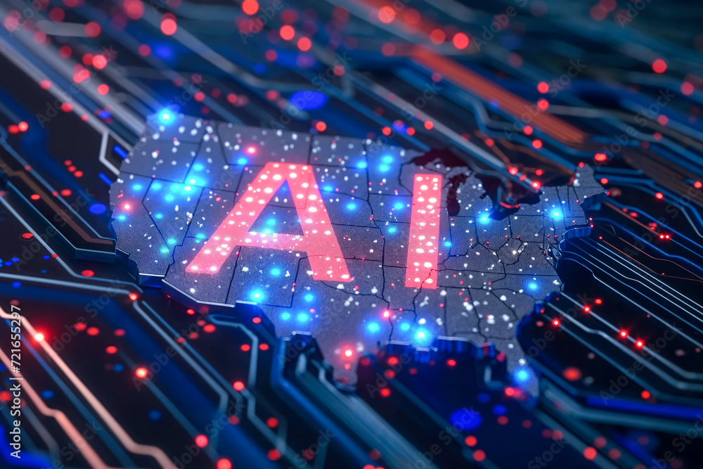 Map of the United states on a futuristic background with the letter Ai ...