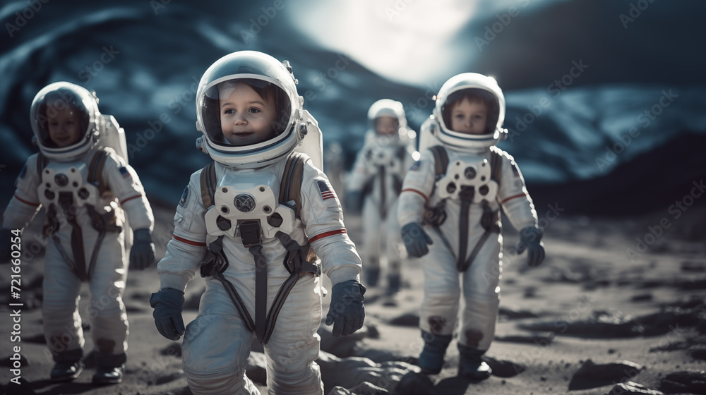 small children astronauts in spacesuits explore a new planet. young ...