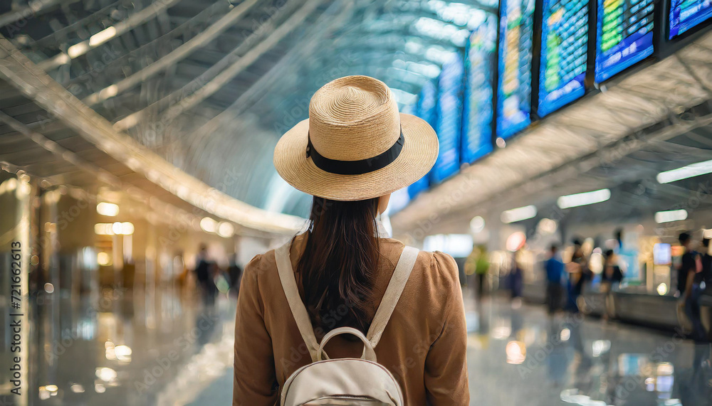 traveler, back view, checking departure board at airport, Asian or ...