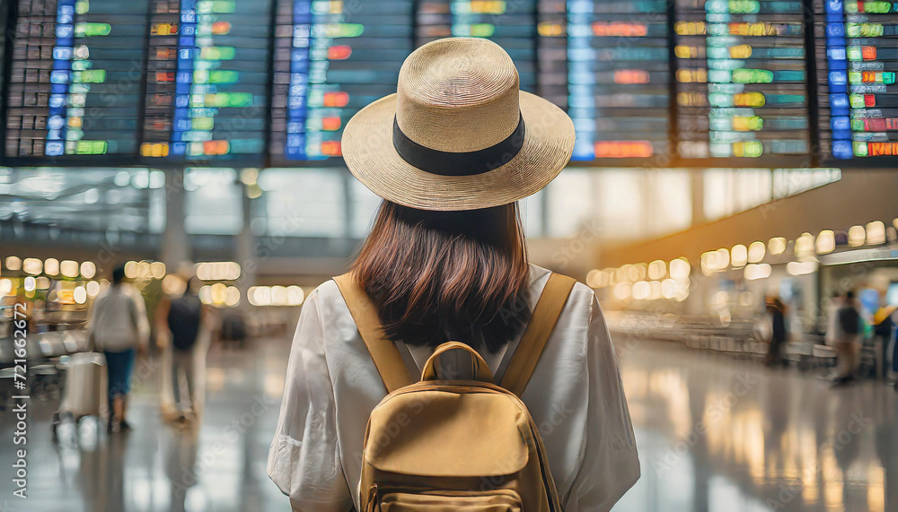 traveler, back view, checking departure board at airport, Asian or ...