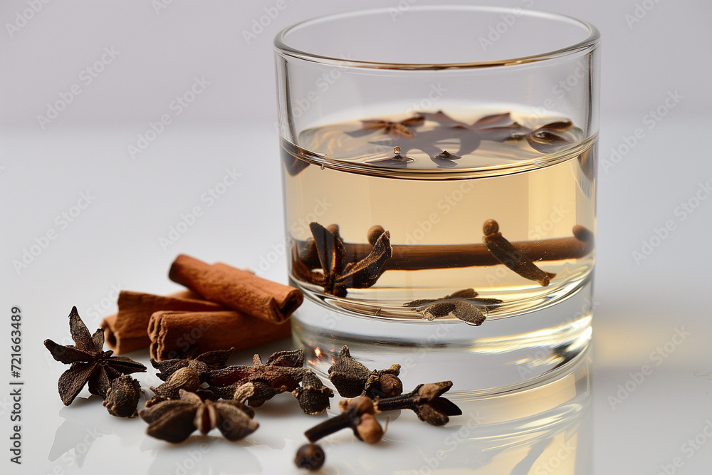 Aromatic clove water. Clove-infused liquid. Essence of cloves in water ...