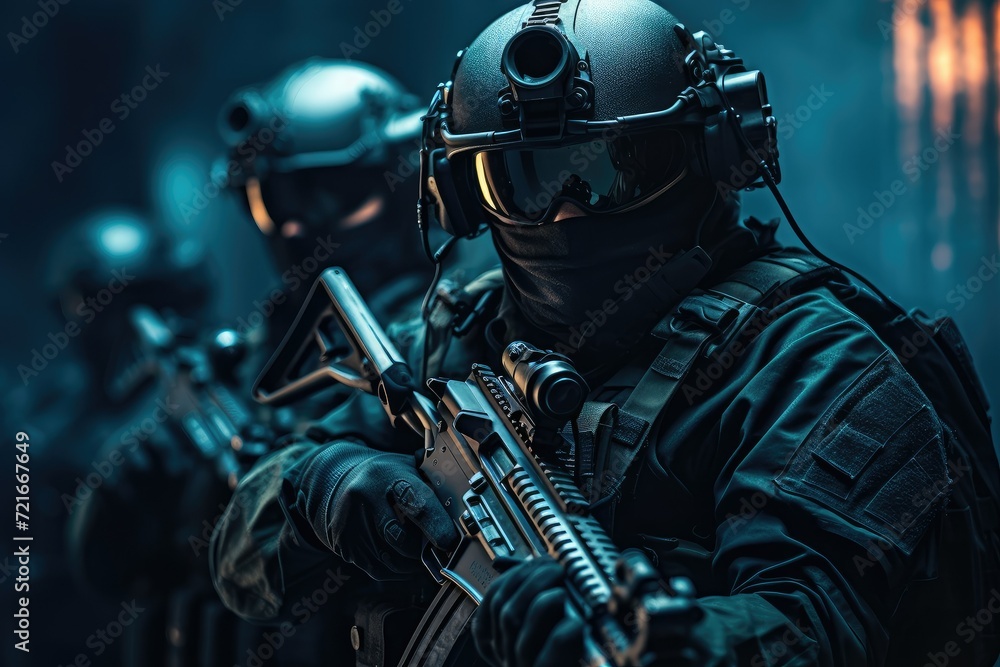 Elite Special forces soldier with assault rifle on dark background ...