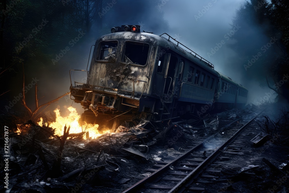 The old locomotive train burned on rail track. Concept technogenic ...