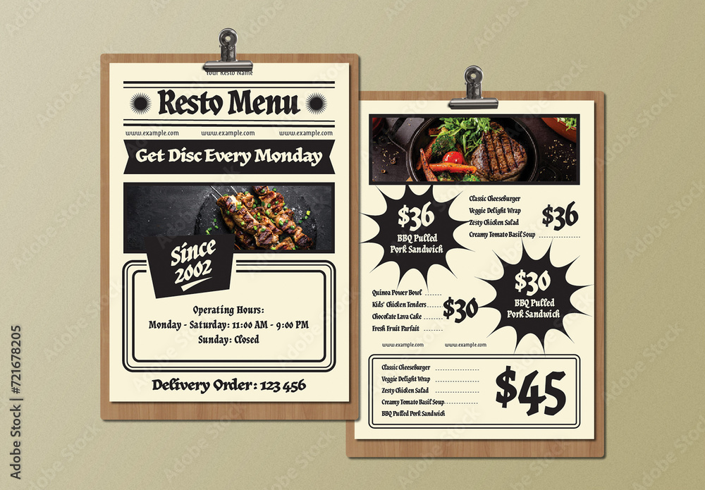 Ivory Classic Newspaper Multiple Food Menu Stock Template | Adobe Stock