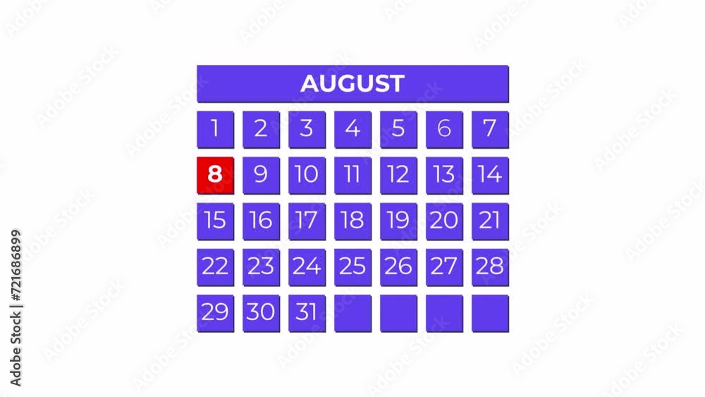 8th August calendar icon animation. Alpha matte with transparent ...