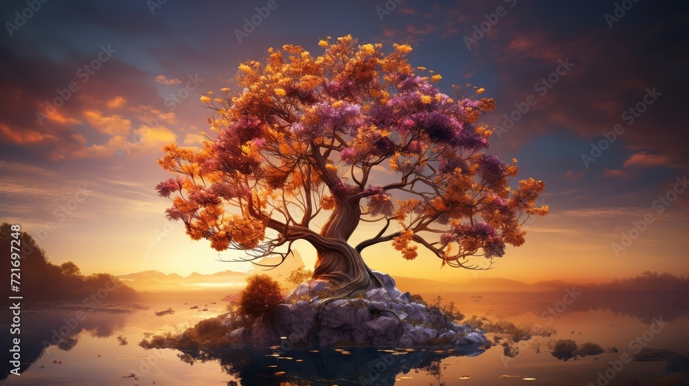Surreal digital art piece of a blooming tree with vivid flowers and ...