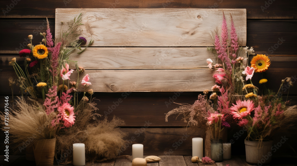 Rustic wedding welcome sign with wildflowers and vintage wood textures ...