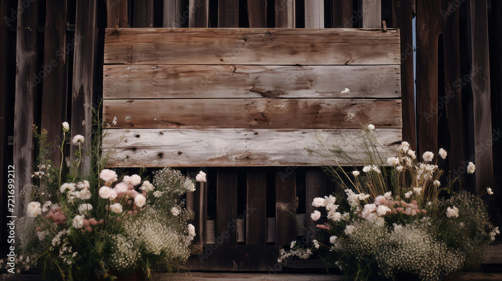 Rustic wedding welcome sign with wildflowers and vintage wood textures ...