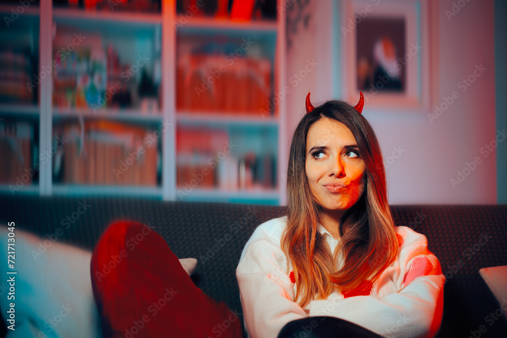 Funny Mean Girl Wearing Devil Horns Making Malicious Plans. Scheming ...