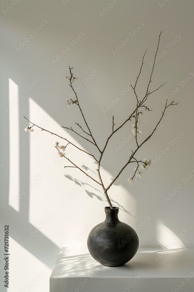 vase branch table plum blossom shadowing dried plants simplified ...