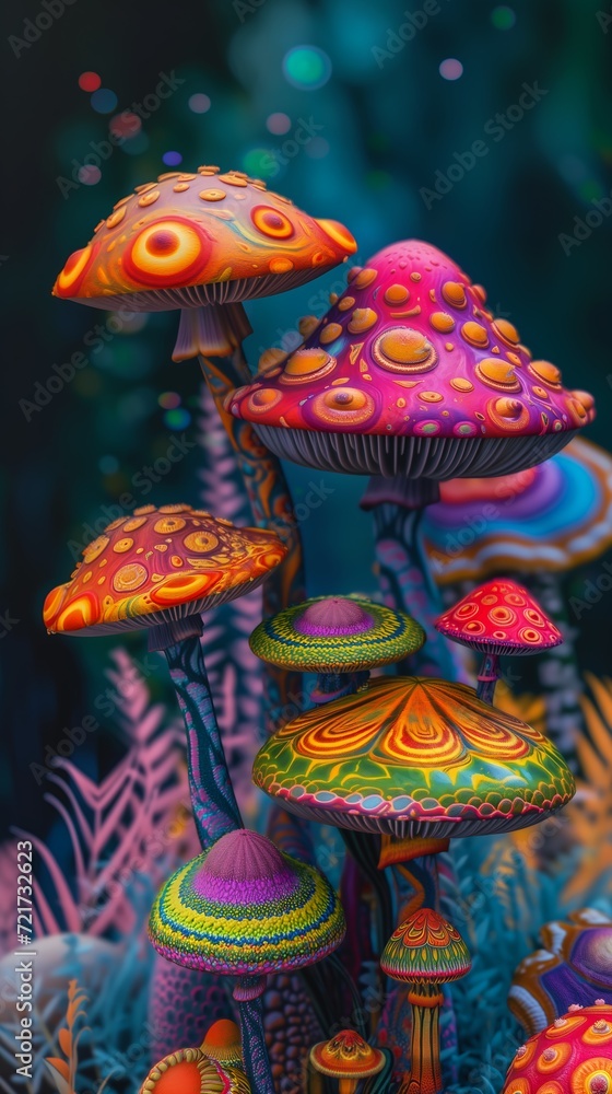 brightly colored mushrooms sitting green field extraterrestrial plants ...