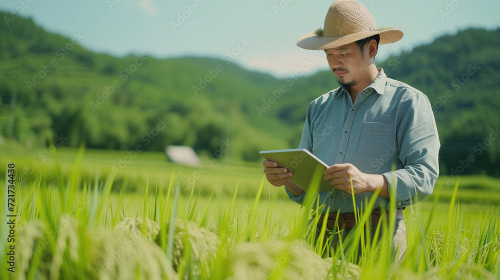 Asian men in rice field at sunset using digital tablet monitoring and ...