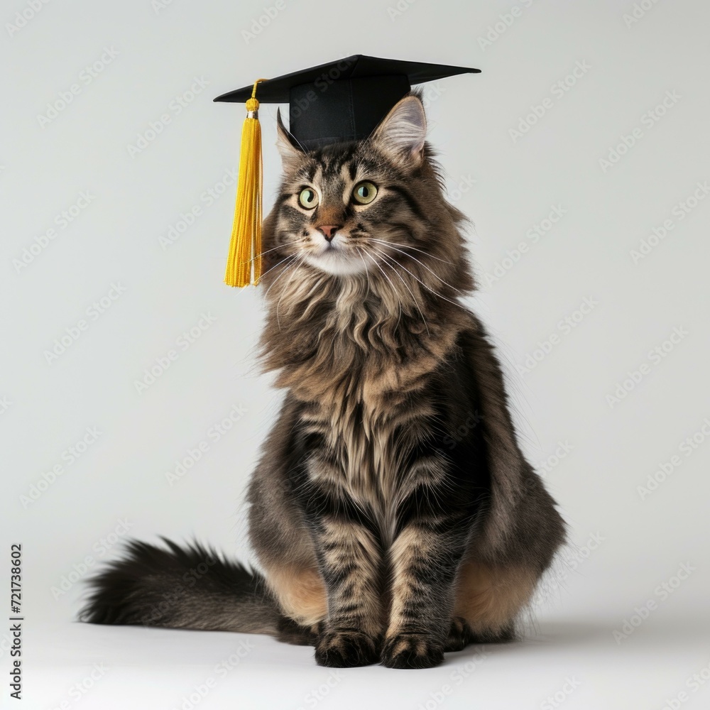 cat graduation portrait Long-haired tabby cat, graduation cap, tassel ...