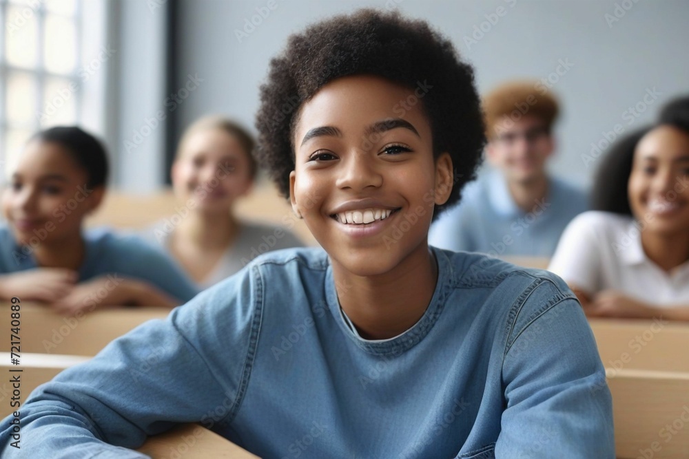 Happy black university student attending lecture in classroom and ...