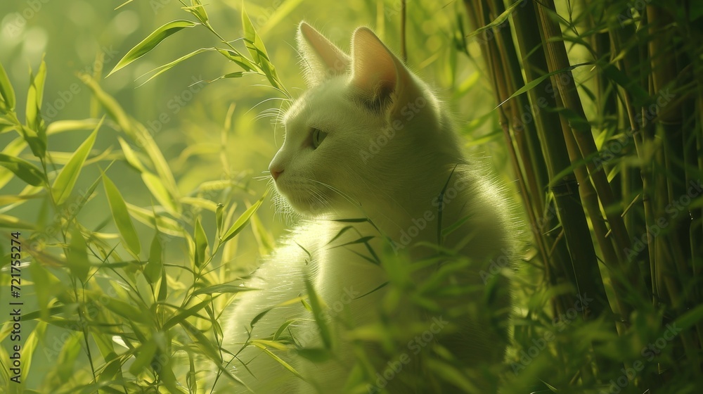 Discover serenity in the quiet bamboo gardens, as a charming white cat ...