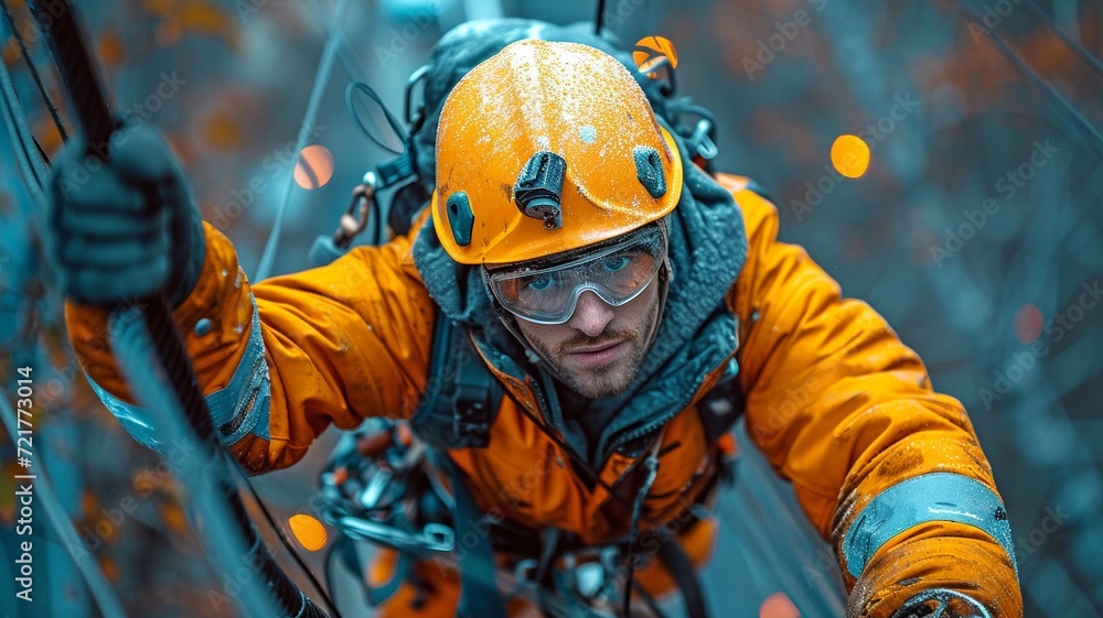 Installing wires on an electric pole requires an electrician to climb ...
