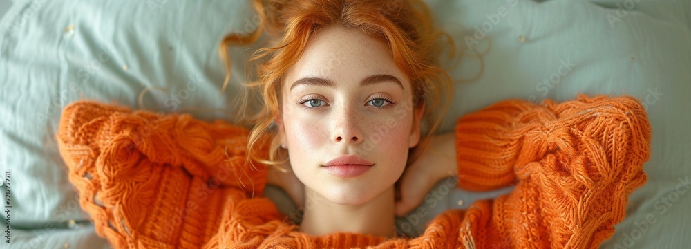 Top view of a sick young ginger redhead woman who is ill and suffering ...