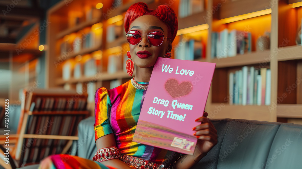 Cozy Drag Queen Story Time. A captivating drag queen in a library ...