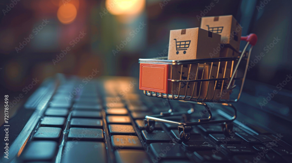 Online Shopping Concept with Cart on Keyboard.A miniature shopping cart ...