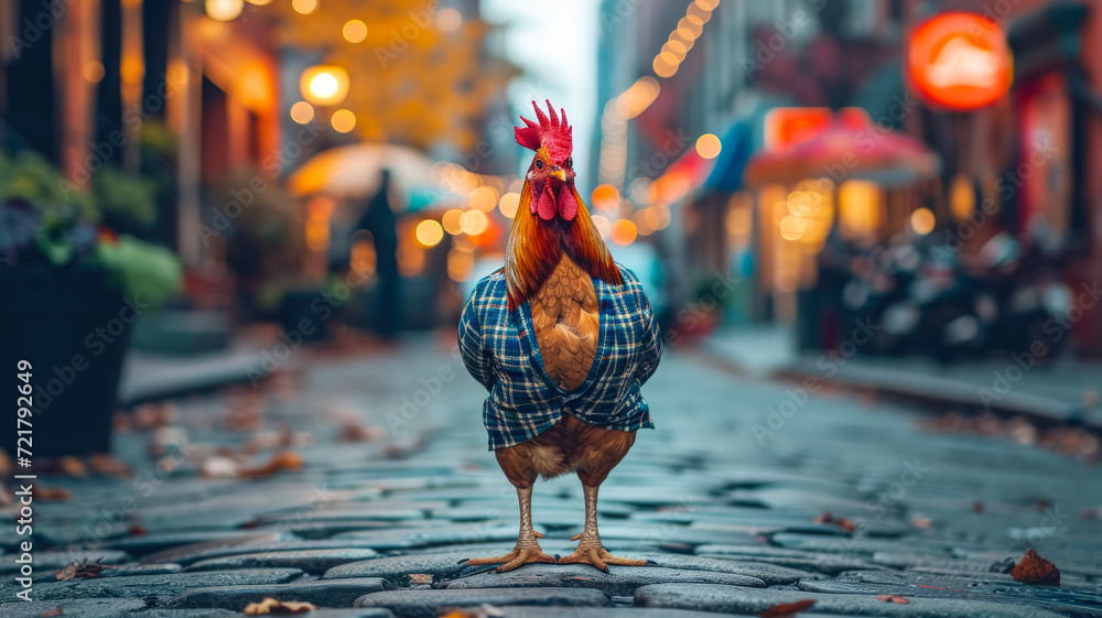 Stylish chicken struts through city streets with feathered finesse ...