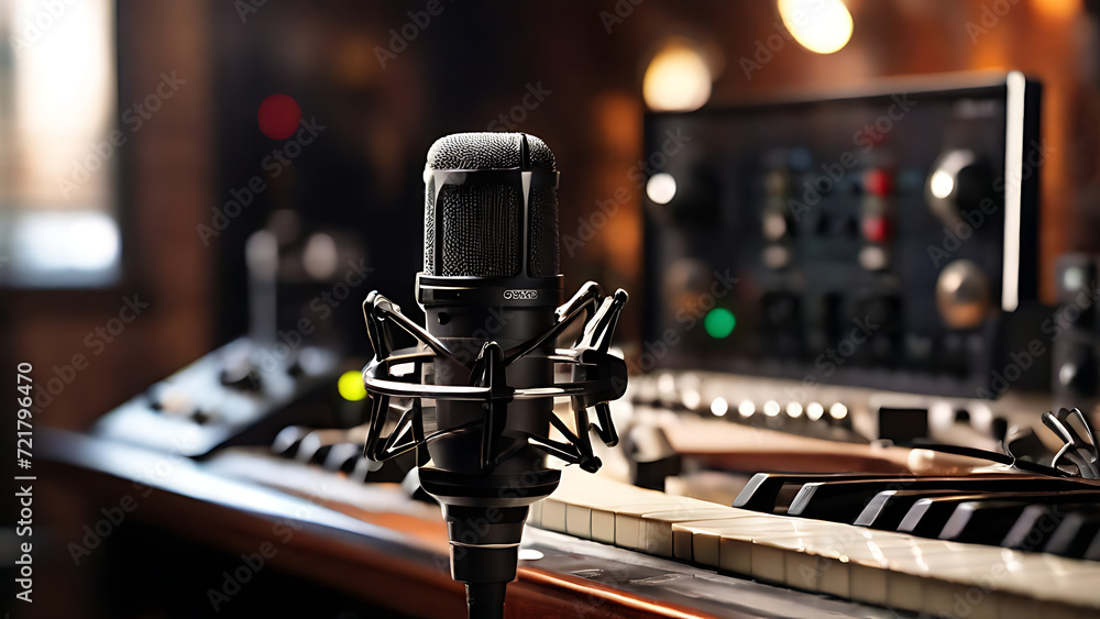 Professional condenser studio microphone in a blurred background with ...