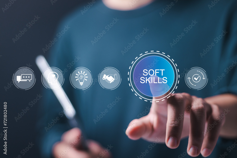 Soft skills concept. Person touching virtual Soft skills icon for interpersonal skills ...