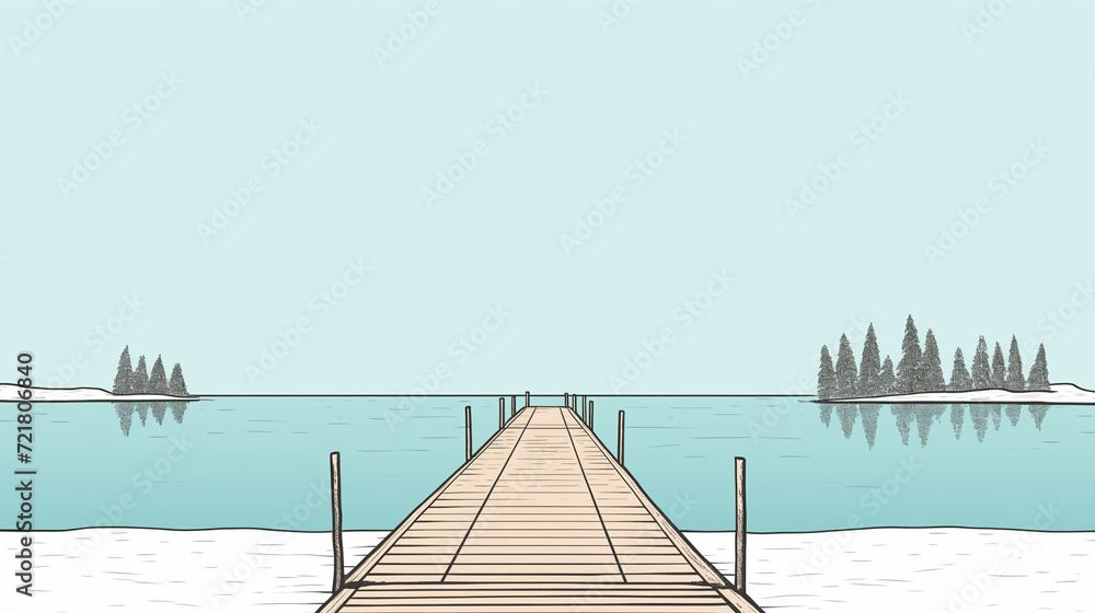 A jetty stretches out across a frozen lake, its reflection mirrored in ...