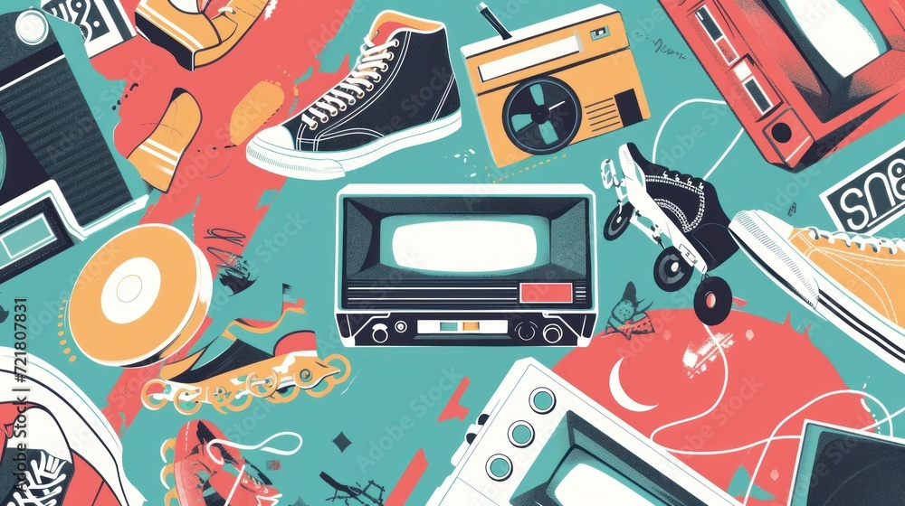 90s pop culture vector collage, featuring iconic items like cassette ...