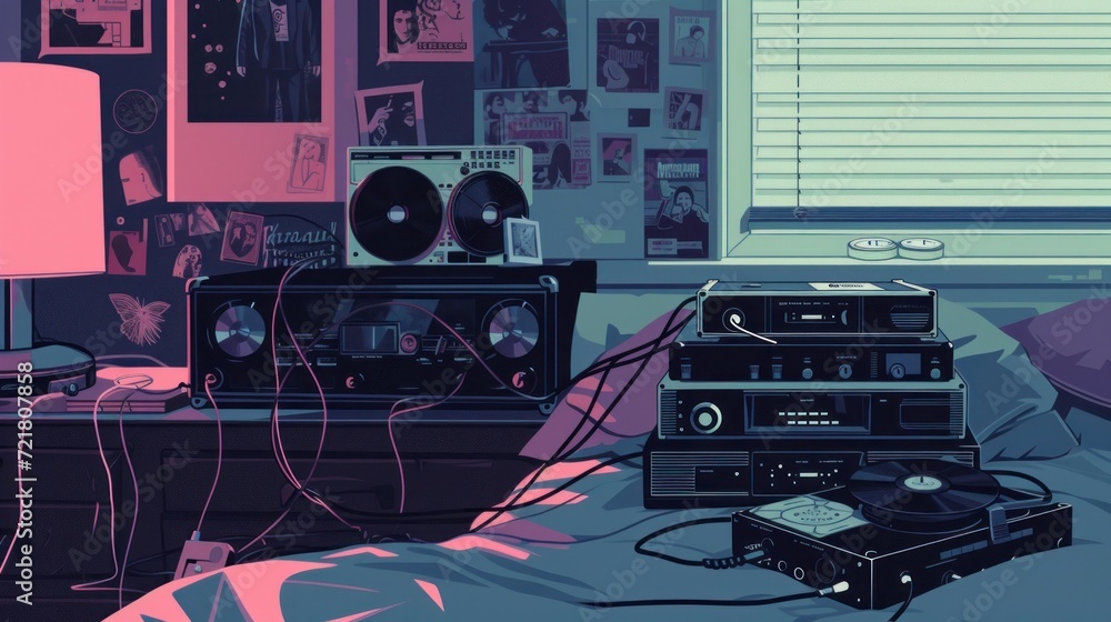 Artistic vector depiction of a 90s bedroom, complete with band posters, a stack of cassette ...