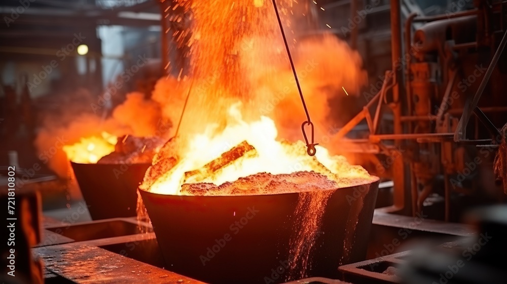 Steel making workshop, Melted molten metal is poured with sparks ...