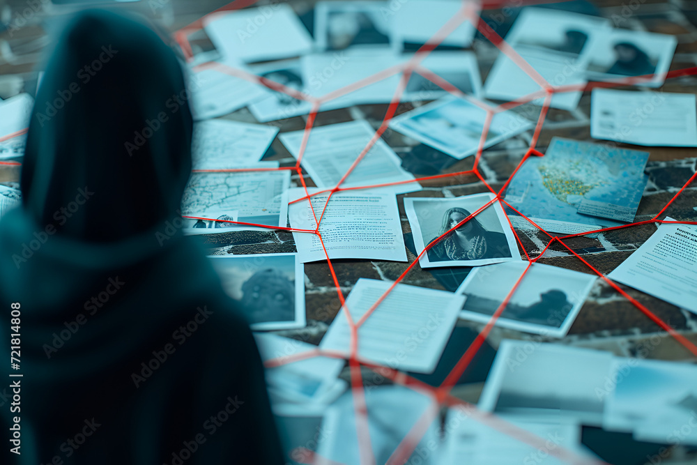 A hooded person examines a web of photos and papers connected by red ...