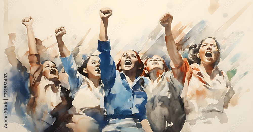 Strong women celebrating their victory and freedom and raising their ...