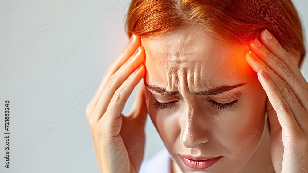 A woman holds her temples on her head with her hands, suffering from a ...