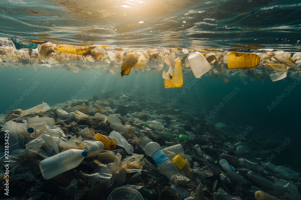 Tons of plastic waste covering the ocean surface. A massive ocean ...