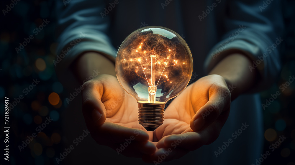 A light bulb shines in the hands of an engineer inspirational thinking ...
