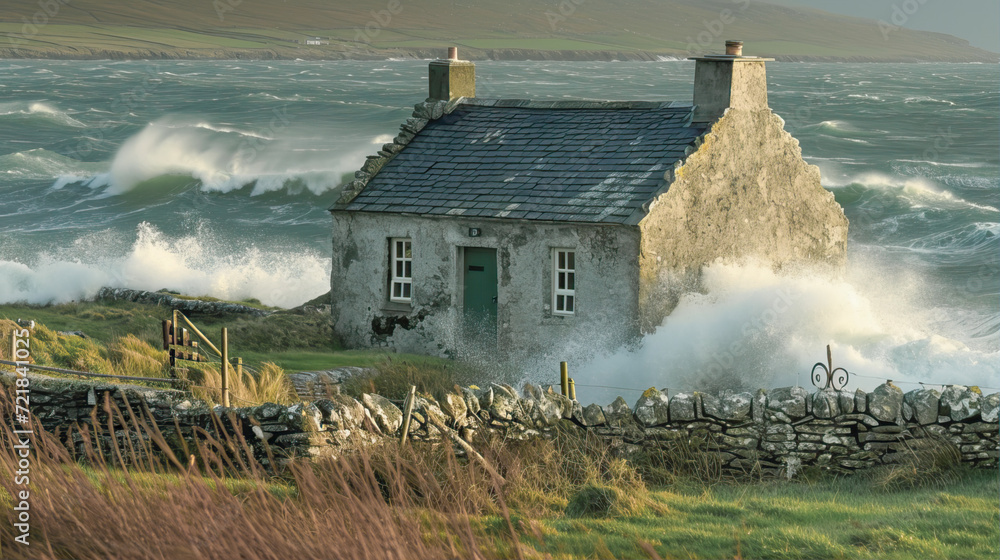 Huge waves hit the wall of a small house standing on the seashore Stock ...