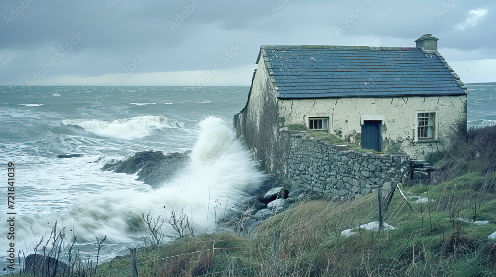 Huge waves hit the wall of a small house standing on the seashore Stock ...