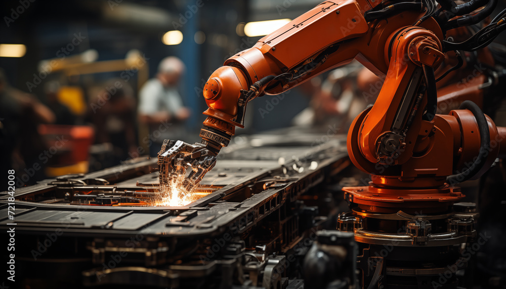 Automated robotic arms creating sparks while precision welding a car body on an industrial ...