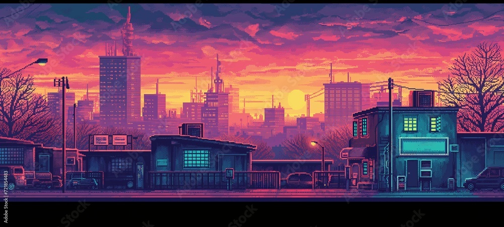 Tranquil urban sunset captured in 8-bit pixel art, with skyscrapers ...