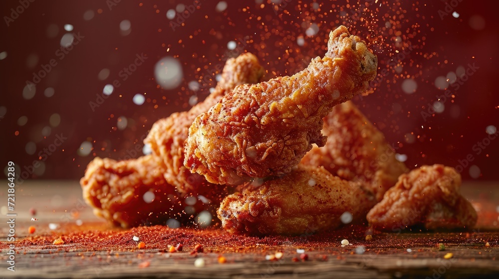 A dramatic presentation of spicy crispy fried chicken with an explosion ...