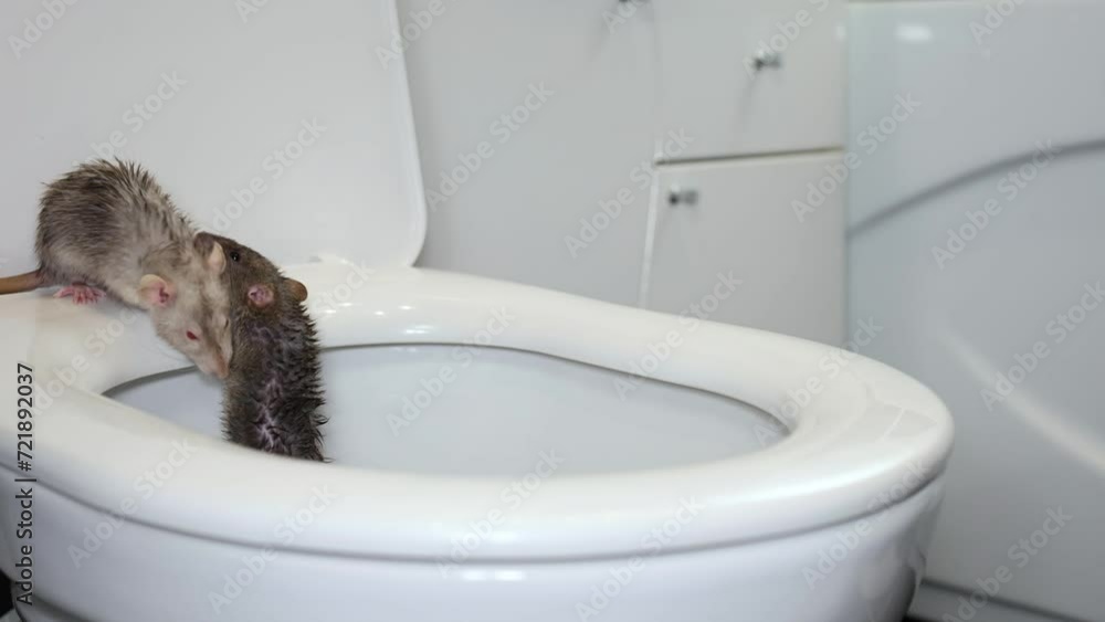 Vidéo Stock A gray wet rat with red eyes sits on the rim of the toilet ...