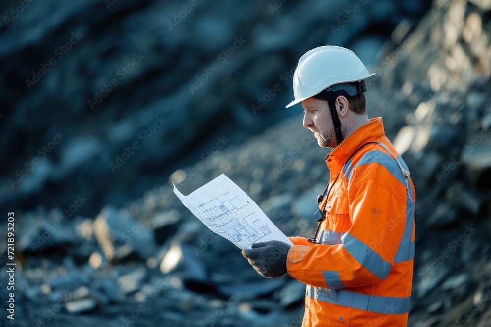 Engineer miner wearing a helmet with blueprints at the mining site ...