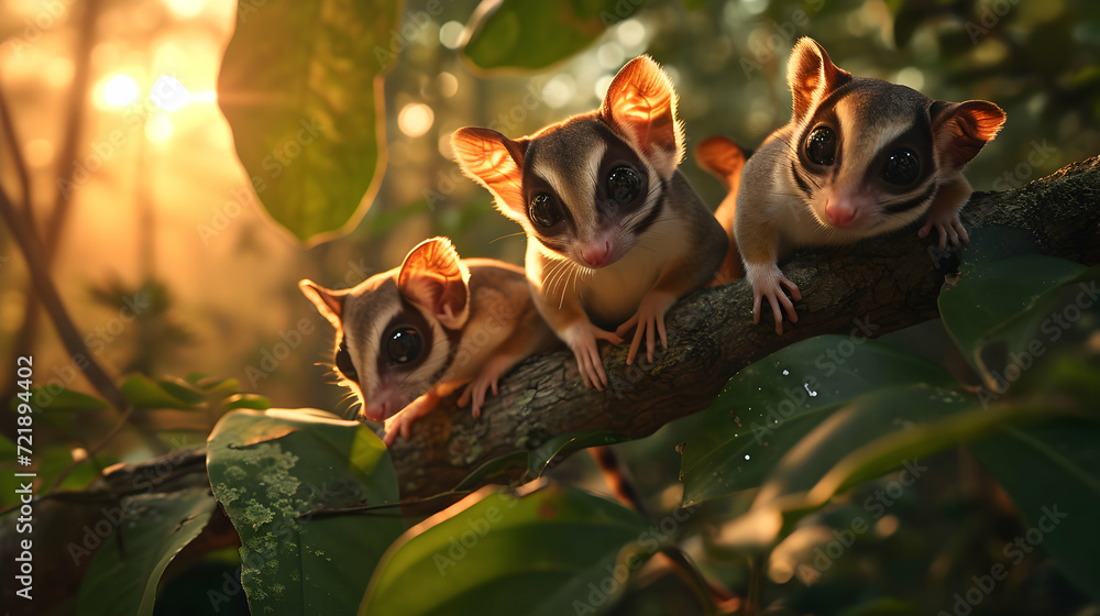 Sugar gliders in the forest with setting sun shining. Group of wild ...