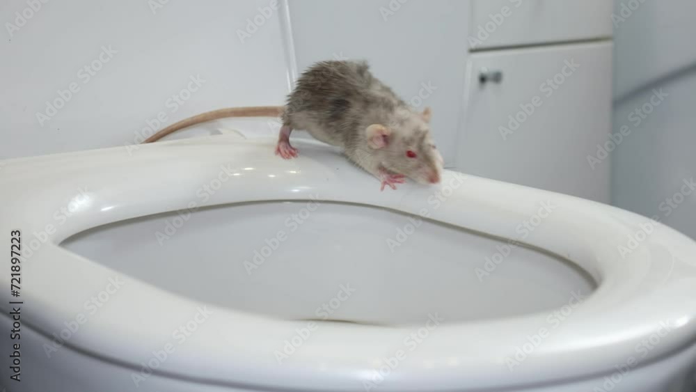 Vidéo Stock A wet gray rat with red eyes hides in the toilet. Rodents ...