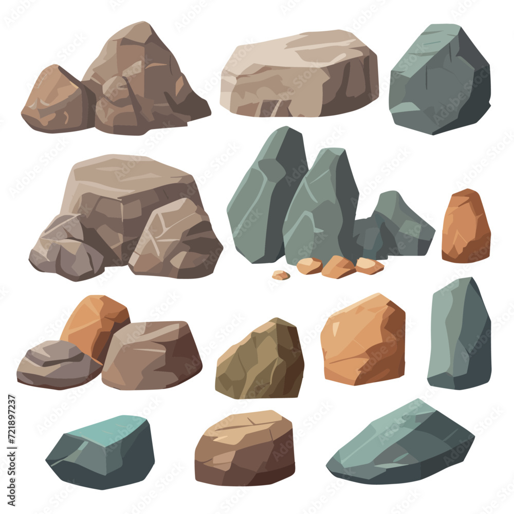 Cartoon big set of rock stones. Isometric 3D flat style stones and ...