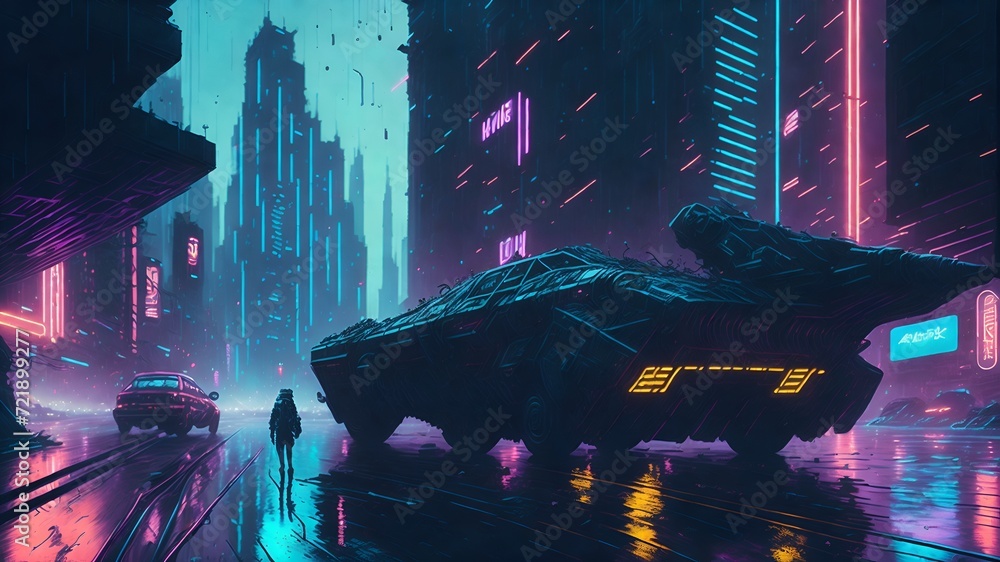 In this visually striking 4k cyberpunk illustration, a futuristic ...