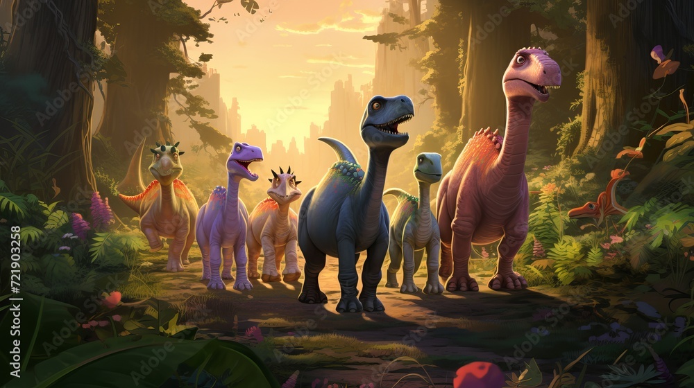 dinosaur parade: colorful prehistoric creatures marching in a vibrant ...