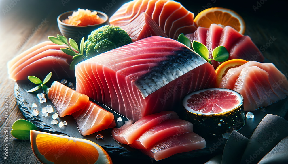 Fresh raw Tuna fillet and sashimi. Showcase the vibrant colors and ...