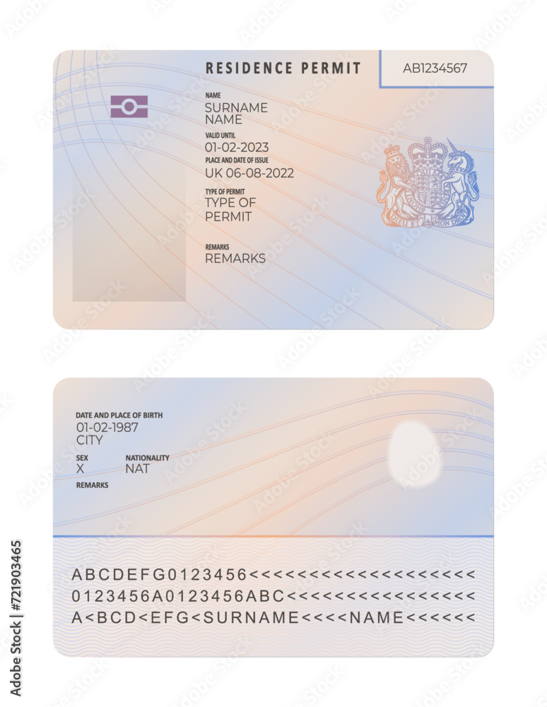 United Kingdom biometric residence permit BRP card template isolated on ...
